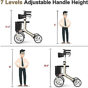 Healconnex Luxury Rollator Walkers for Seniors-Bulit-in Cable Rollator Walker with Seat, 10"Large Wheels,Aluminium Lightweight Senior Walker with Soft Rubber Handle,Padded Seat and Backrest