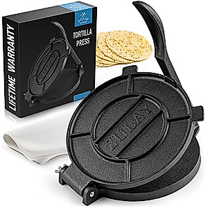 Zulay Cast Iron Tortilla Press 8 Inch - Pre Seasoned with 100 Pieces Parchment Paper - Heavy Duty Roti Maker and Flour Tortilla Press for Quesadilla, Naan, Chapati, Samosa, Poori, Saj Bread, Lahmacun
