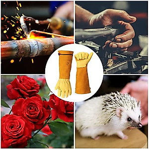 PROQUNQI Long Sleeve Gardening Gloves for Women & Men Thorn Proof Leather Rose Pruning Gloves with Adjustable Gauntlet Cuff (LARGE,YELLOW)