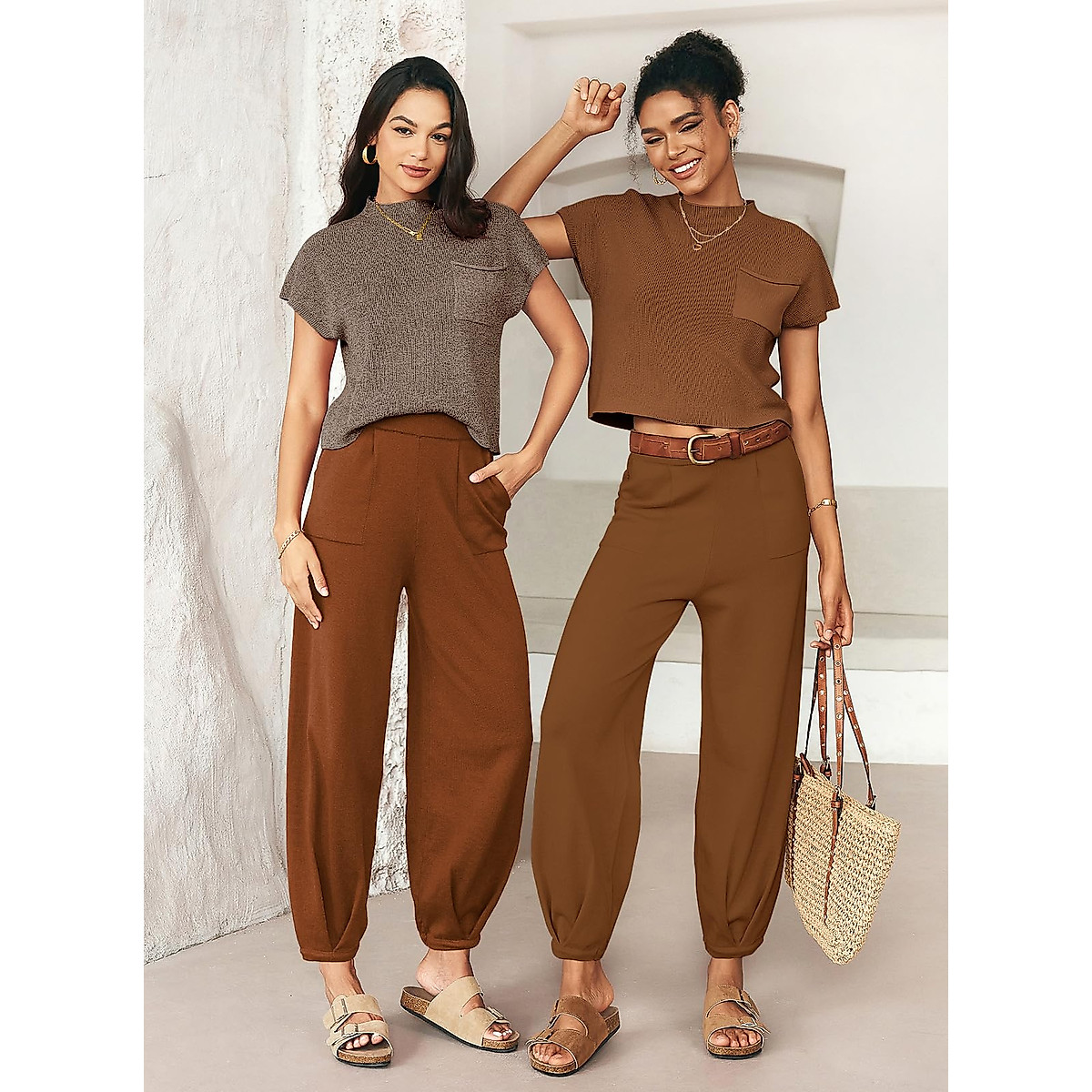 MEROKEETY Women Two Piece Outfits Sweater Sets Knit Pullover Tops High Waist Pants Lounge Set Tracksuit, Pecan, Small