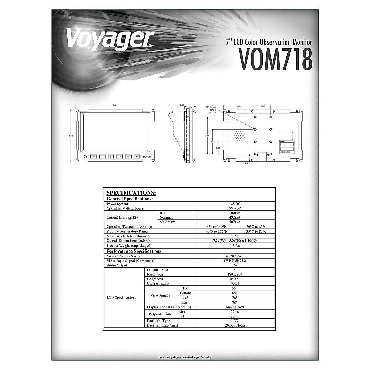 Voyager VOM718 7" LCD Color Backup Rear View Vehicle Observation Monitor w/ 3 Camera Inputs, Video for up to 3 Cameras (Cameras Sold Separately), NTSC/PAL Compatible, 12V - 24V Compatible