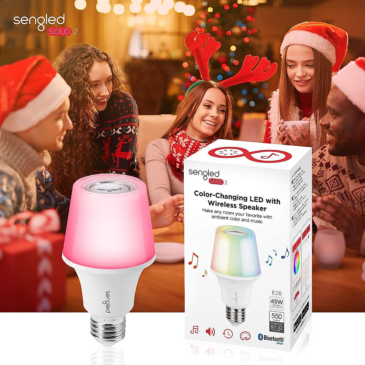 Sengled Solo RGBW Bluetooth Light Bulb Speaker Multi Color Changing LED Light Bulb 60W Equivalent Dimmable App Controlled E26 Smart Music Bulb, Compatible with Alexa via Bluetooth Connection