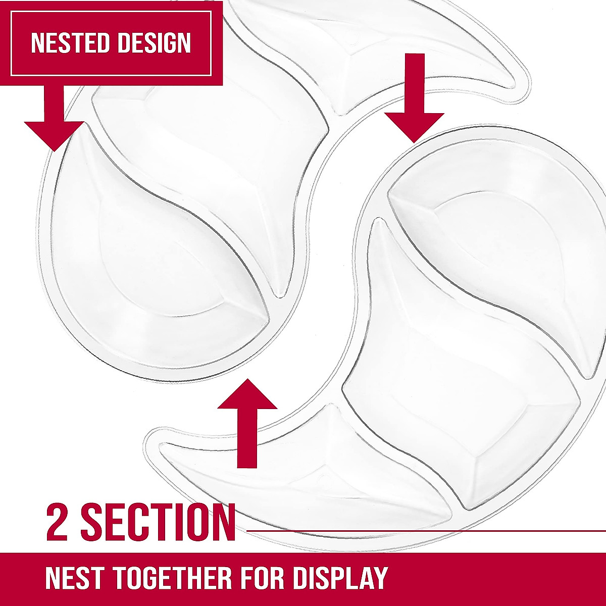PlasticPro 2 Section Divided Plastic Serving Food Tray Yin Yang 2 Part Double Section Decorative Dish for Parties and Hosting, 1 Set of Clear