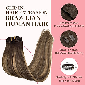 GOO GOO Clip in Hair Extensions Real Human Hair, Remy Human Hair Extensions Clip ins for Women, Natural Human Hair, 14inch 120g 7Pcs, 4/27/4 Balayage Chocolate Brown to Caramel Blonde