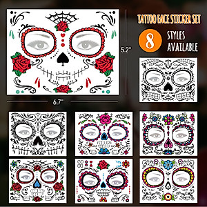 8 Pack Day of The Dead Sugar Skull Face Temporary Tattoo Halloween Makeup Tattoo Stickers for Halloween Masquerade Party