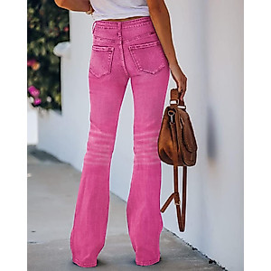 Koinshha Womens High Waisted Jeans Flare Stretch Boyfriend Casual Bootcut Denim Pants Pink