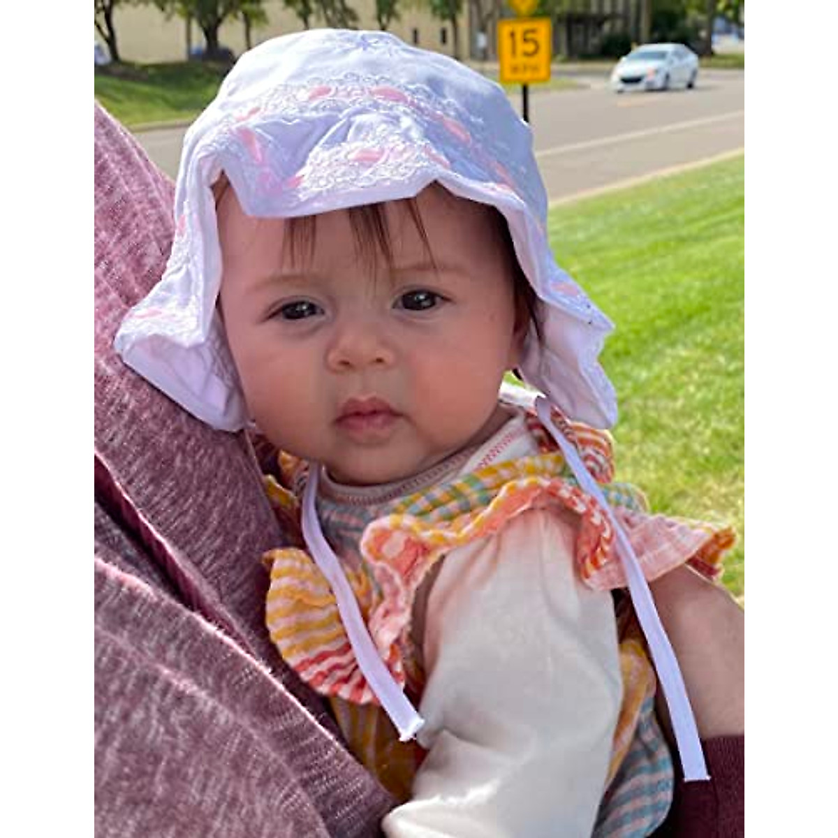 N'Ice Caps Baby Girls Bonnet White Lace Newborn Infant Toddler Sun Hat Special Occasion (White with Pink Ribbon, Newborn)