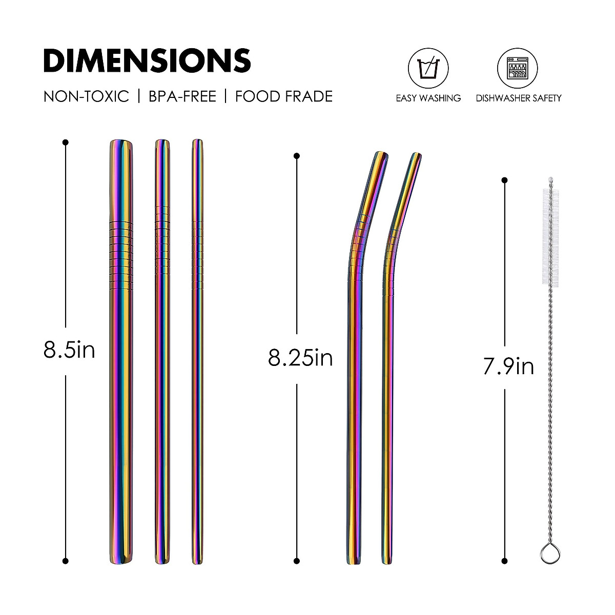 Vzaahu 12-Pack Reusable Stainless Steel Rainbow Metal Straws with Case and Brush - Eco Friendly Long Drinking Straws for 20 24 30oz Yeti Tumblers Mason Jar Dishwasher Safe