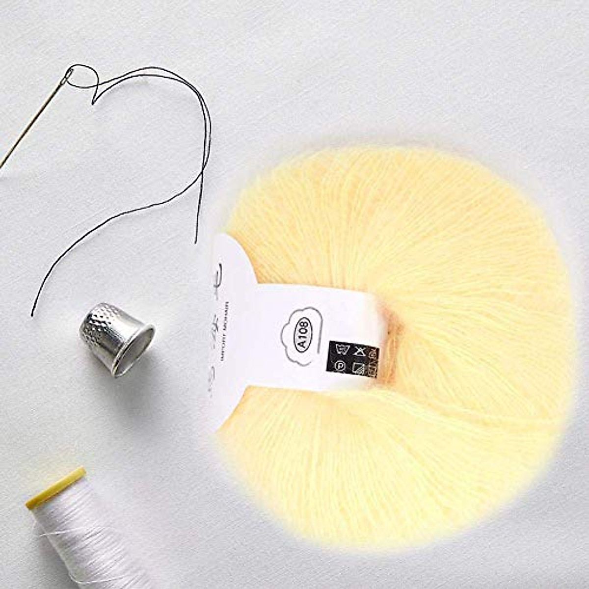 Yarn Mohair E11Wool Yarn for Knitting Soft Mohair Knit Long Wool Yarn DIY Scarf Crochet Thread Supplies (with A Crochet)(Light Yellow)