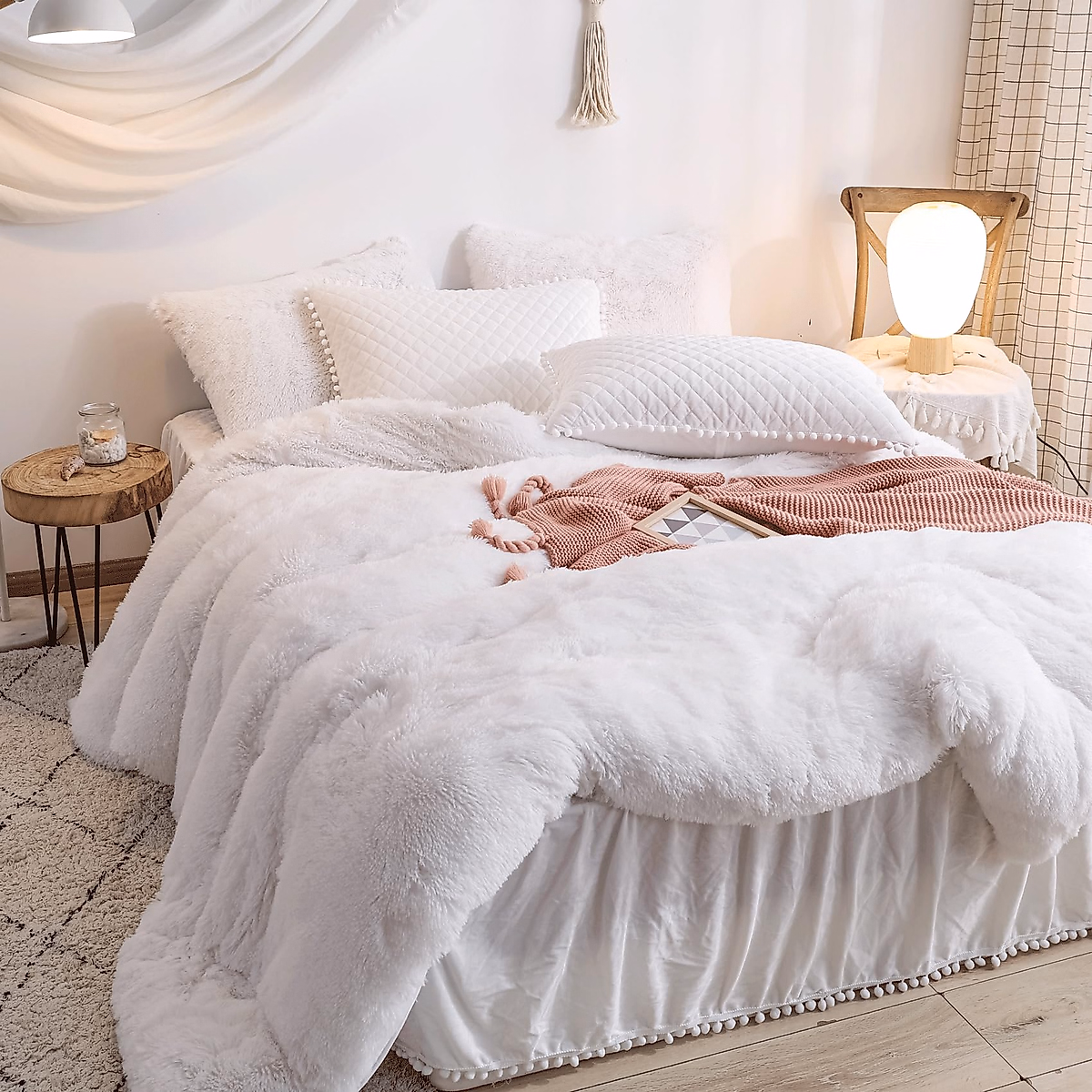 HAIHUA White Faux Fur Comforter Cover Queen Size - Fluffy Luxury Ultra Soft Plush Comforter 3 Pieces (1 Shaggy Duvet Cover + 2 Pillow Shams) Faux Fur Fuzzy Bedding Set (White, Queen)