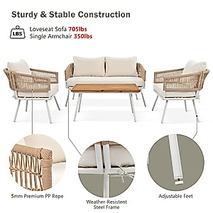 4-Piece Rope Patio Furniture Set, Outdoor Sofa with Acacia Wood Coffee Table, Patio Conversation Set with Deep Seating & Thick Cushion for Backyard Porch Balcony, Beige