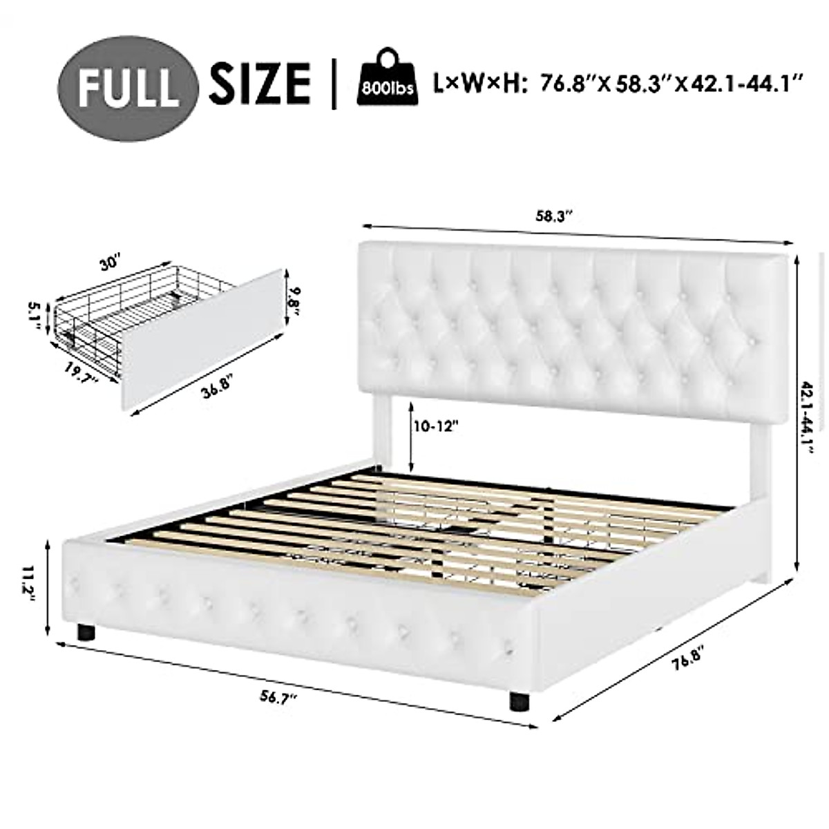 Keyluv Modern Upholstered Bed Frame with 4 Drawers, Button Tufted Headboard Design, Solid Wooden Slat Support, Easy Assembly, Full Size, White
