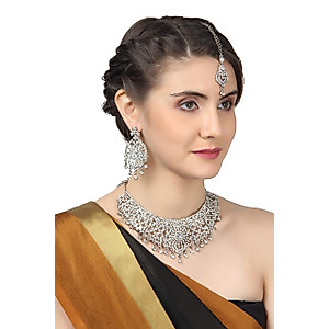 Touchstone Indian Bollywood Masterly Created Sparkling White Rhinestones Studded Look Grand Bridal Jewelry Necklace Earrings Mangtika Set In White Tone For Women.