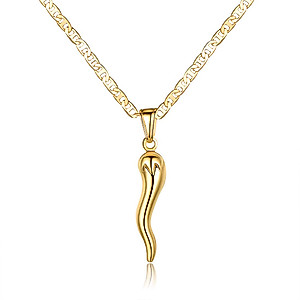 Barzel 18K Gold Plated Flat Marina Chain With Italian Horn Necklace Cornicello - Made In Brazil (18 Inches)