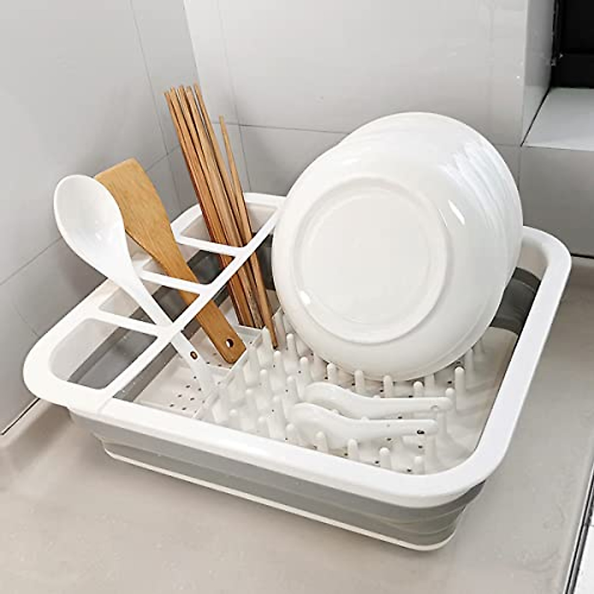 Drying Storage Basket, Collapsible Dish Drainer, Collapse for Easy Storage Dish, Portable Dish Drainer Organizer for Kitchen RV Camping (Grey), Gray