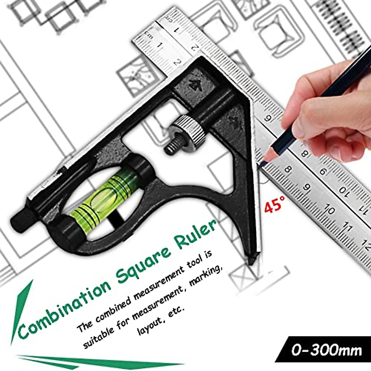 300mm (12") Combination Square Ruler, 1PC Adjustable Engineers Combination Try Square Set, Right Angle Ruler, Stainless Steel Finished Ruler, for Measurement, Marking, Layout