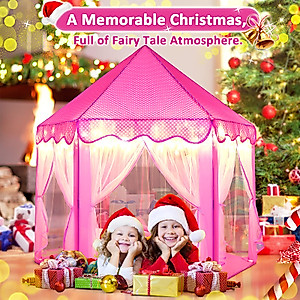 Princess Castle Play Tent for Girls: Sumerice Girls Play Tent with Lights - Pink Kids Playhouse Tent Indoor Outdoor Games - Hexagon Children Play House Fairy Tent Toys Toddler Gifts