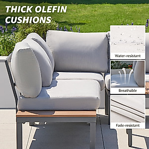 NATURAL EXPRESSIONS Patio Furniture Sets, Metal Outdoor Sectional L Shape Corner Sofa Outdoor Couch with Detachable Backrest,3 Fuaxwood Tables, Grey Thick Olefin Cushions for Yard,Garden
