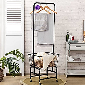 ALIMORDEN Laundry Cart with Clothes Rack, Rolling Laundry Butler with Wire Storage Rack，Black