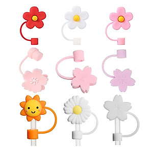 Beyonday 9pcs Silicone Flower Shape Straw Cover Cap Kit, Reusable Drinking Dust Plugs Set Cartoon Cherry Blossom Daisy Sunflowers Shape Spill Proof Straw Tips Cover Cup Stopper Cup Accessories