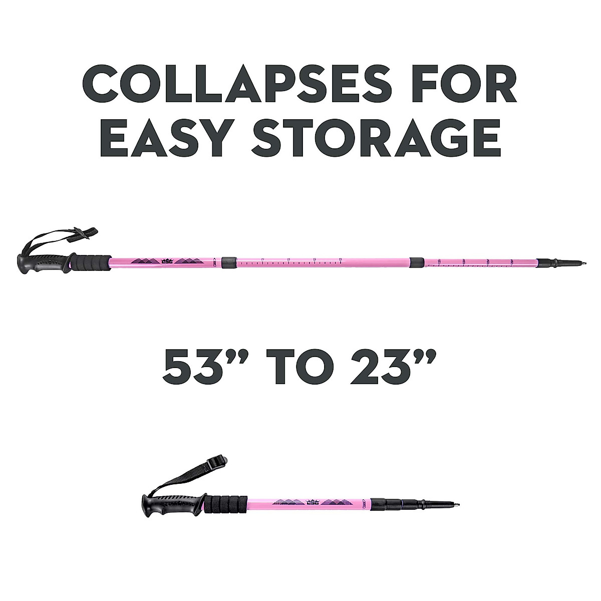 Trekking Pole & Walking Staff | Strong, Lightweight Aluminum | Extends up to 53" Collapses Down to 23" | All-Terrain: Interchangeable Carbonite Ice Pick Tip, Rubber Asphalt Tip, and Snow Cap (Pink)