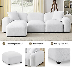 Taiweny Convertible Modular Sectional Sofa, Boucle Fabric L-Shaped Modern Bubble Couch with Ottoman, 3-Seater Sherpa Teddy Sofas for Living Room Apartment, 94”, White
