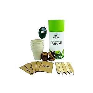 Awake Farms Indoor Herb Garden Seed Starter Kit – Indoor Grow Kit with Bamboo Pots, Soil Discs, Moisture Meter, Plant Markers, Seeds - Herb Seeds Variety Pack Indoor – Ideal for Balcony, Windowsill