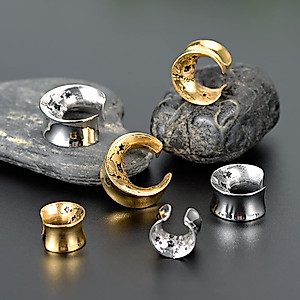 COOEAR 1 Pair Moon Style Ear Tunnels Flesh Plugs Piercing Earrings Stainless Steel Skull Ear Gauges 00g to 1 inch.