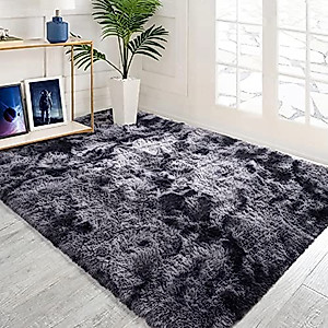 QXKAKA Soft Tie Dye Dark Grey 4x6 Area Rugs for Living Room Bedroom, Shag Shaggy Floor Rug Fuzzy Fluffy Carpet Soft Plush Furry Rug, Machine Washable Large Rug for Kids Home Decor Aesthetic