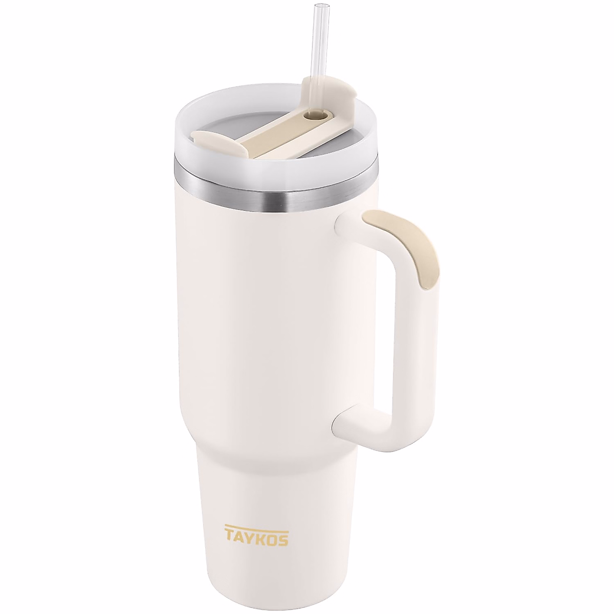 Taykos 40oz Tumbler with Handle and Straw, Leak Proof Tumblers Cup, Stainless Steel Insulated Travel Coffee Mug, Keeps Drinks Cold for 24 Hours or Hot, Car Cup Holder, Cream White