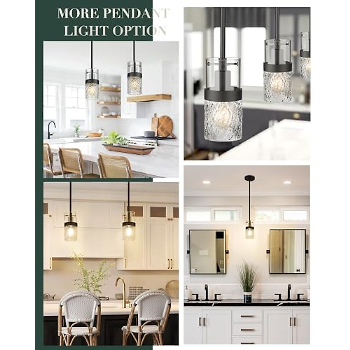 LMS Black Pendant Lights, Modern Industrial Pendant Lighting for Kitchen Island with Hammered Glass, LMS-172