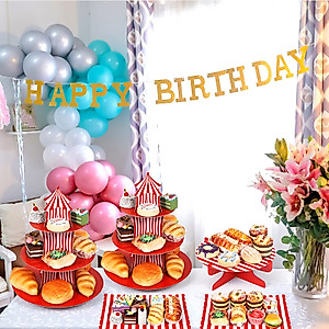 7 Pieces Carnival Cake Stand Set 3 Tier Circus Carnival Cupcake Stand 1 Tier Round Cake Stand Rectangle Serving Tray Reusable Platters Cupcake Holders for Dessert Circus Birthday Party Supplies