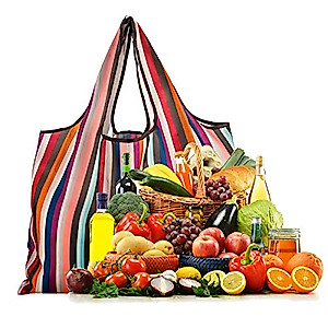 Reusable Grocery Bag Gophra 2 Packs Large Washable Foldable Eco Friendly Nylon Heavy Duty Fits in Pocket Shopping Tote Bag (New Rainbow)