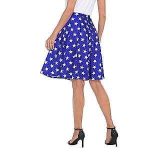 HDE Skirts for Women - Midi Skirt Skater Skirt Knee Length High Waist Fun Prints Blue & White Stars - XL