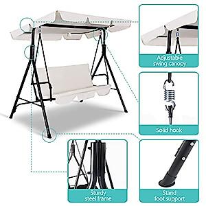 Funny Sunny Outdoor Patio Swing Chair with Canopy,3 Seater Porch Swing Chair with Adjustable Canopy and Removable Cushion for Patio Garden Poolside Balcony Backyard, White