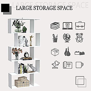 Yusong Bookshelf 5-Tier, Geometric Bookcase S Shaped Book Shelves for Bedroom, Modern Wood Decorative Display Shelf Book Case for Home Office, White