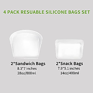 KVK Reusable Silicone Bags for Food Storage, 4 Pack Heavy Duty Silicone Ziplock Bags, Leakproof Reusable Sandwich Bags, Snack Bags, Oven Safe, Microwave Safe, Dishwasher Safe, Food Grade, Clear