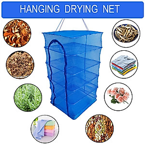 EarfnBabi Drying Rack Foldable Fishing Mesh 4 Layers Hanging Drying Fish Net Foldable Nylon Netting Dryer, for Seeds Fish Vegetables Fruit Herb Food Clothes, Zipper Opening Blue 13.77"x13.77"x23.62"