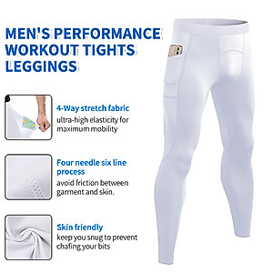 EARGFM Men's Compression Pants Athletic Leggings Workout Running Tights Dry Base Layer with Pockets Active Cycling Pants White