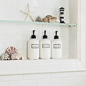 Artanis Home Silkscreened Empty Shower Bottle Set for Shampoo, Conditioner, and Body Wash, Squat 16 oz 3-Pack, White (Black Pumps)