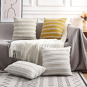 Pallene Boho Decorative Throw Pillow Covers, Neutral Striped Pillow Covers 18X18 Set of 2, Beige Cotton Linen Pillow Covers for Couch Sofa Living Room.