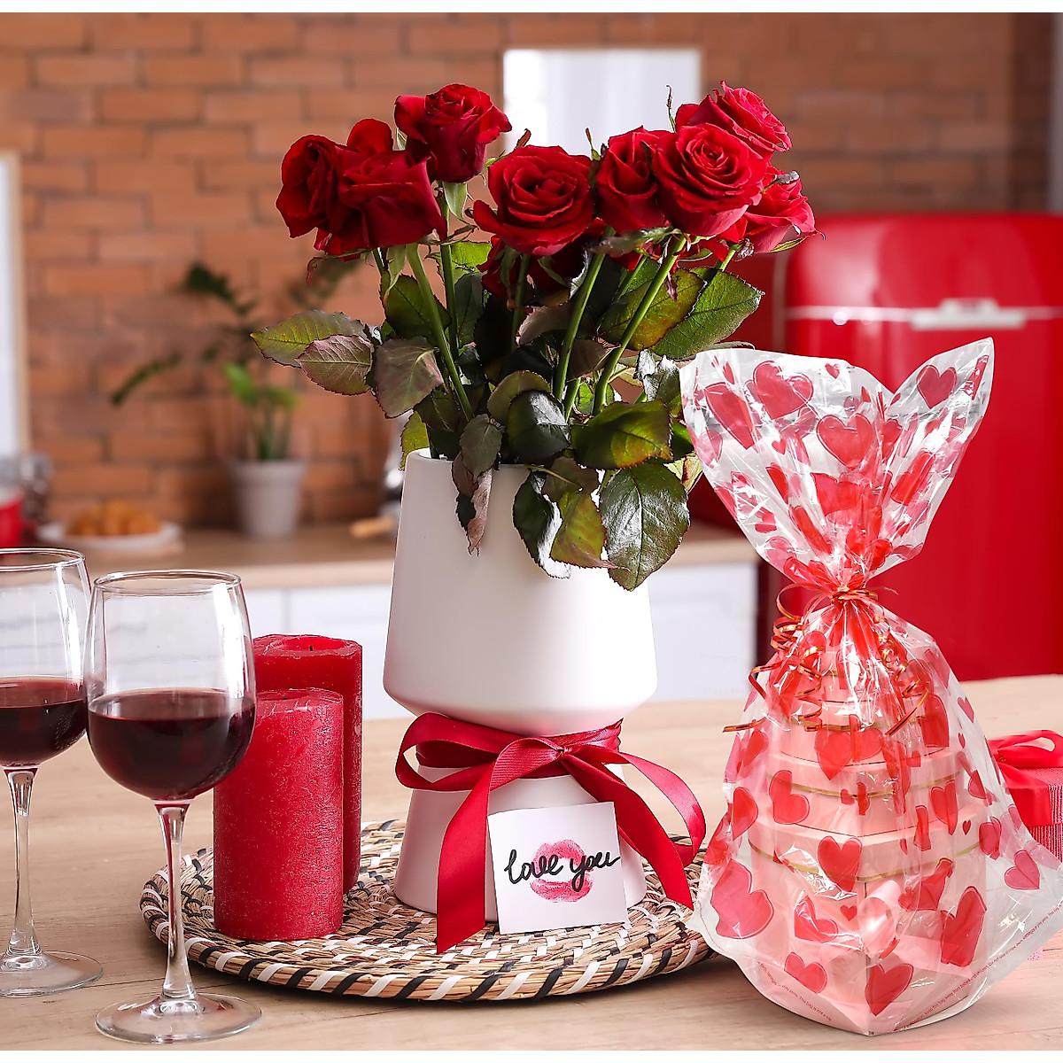 18 Valentine Cellophane Basket Bags with Twist Ties 22" x 25" Jumbo Large Valentines Day Red Heart Gift Wrap Clear Cello Plastic Bag for Baskets