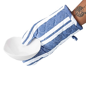 Encasa Homes Long 14" Oven Microwave Hand Gloves Mitts (2 pc Set) for Kitchen Cooking & Baking - Heat Resistant, Thick & Safe, Protection of Hands from Hot Utensils - Franca Blue Stripes