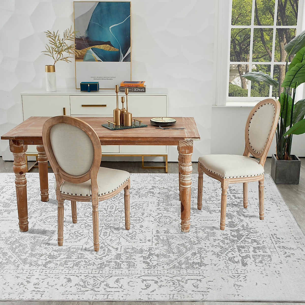 Auemtyn Area Rug, 8x10 Washable Rug for Living Room, Non-Shedding Vintage Rug with Non-Slip Backing, Stain Resistant Distressed Farmhouse Rug for Bedroom(8'x10',White/Silver)