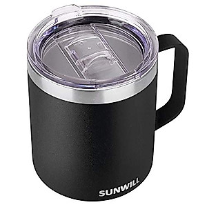 SUNWILL Coffee Mug with Handle, 14oz Insulated Stainless Steel Reusable Coffee Cup, Double Wall Coffee Travel Mug, Powder Coated Black