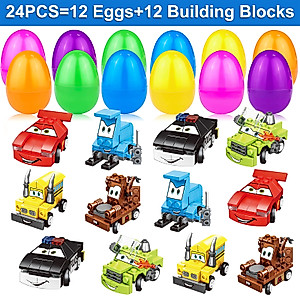 12 Pack 3" Large Filled Easter Eggs with Stem Toy Cars Kids Easter Basket Stuffers Plastic Surprise Egg Building Blocks 6 in 1 Transform Construction Vehicle Easter Toy Boys Girl Egg Hunt