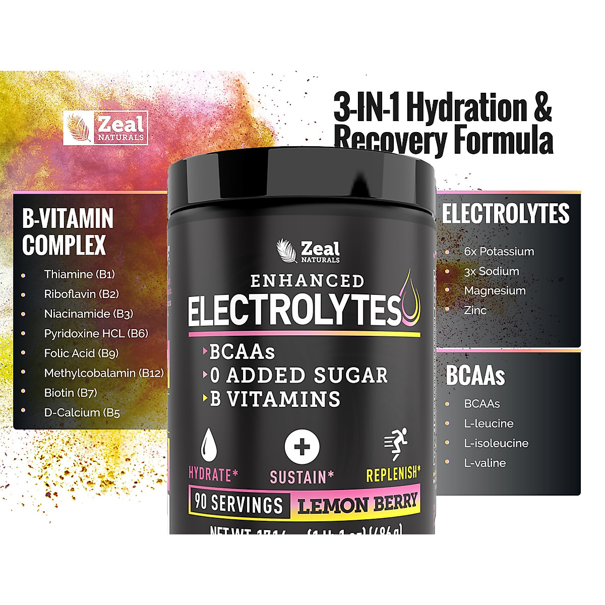 Zeal Naturals Electrolyte Powder Recovery Drink (90 Servings | Lemon Berry) w/ 0 Sugar +BCAAs +B-Vitamins Electrolyte Supplement w Potassium Zinc & Magnesium for Hydration - Keto Electrolytes