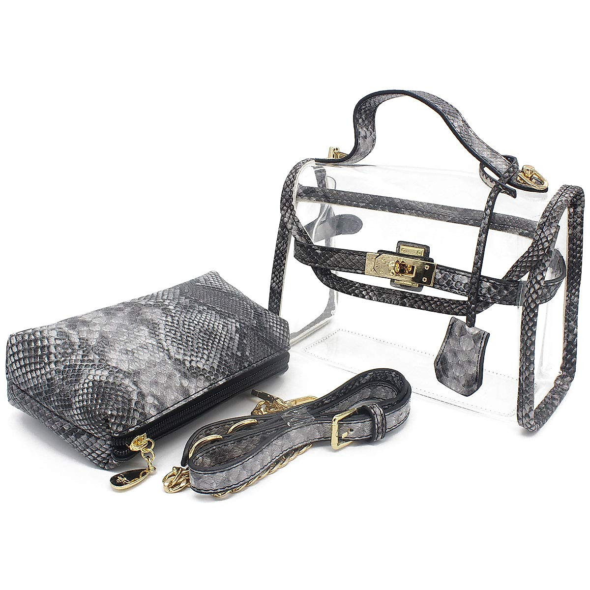 2-in-1 Snake Print Handbag Clear Stadium Shoulder Bag with Conceal Clutch Tote Bag Crossbody Purse