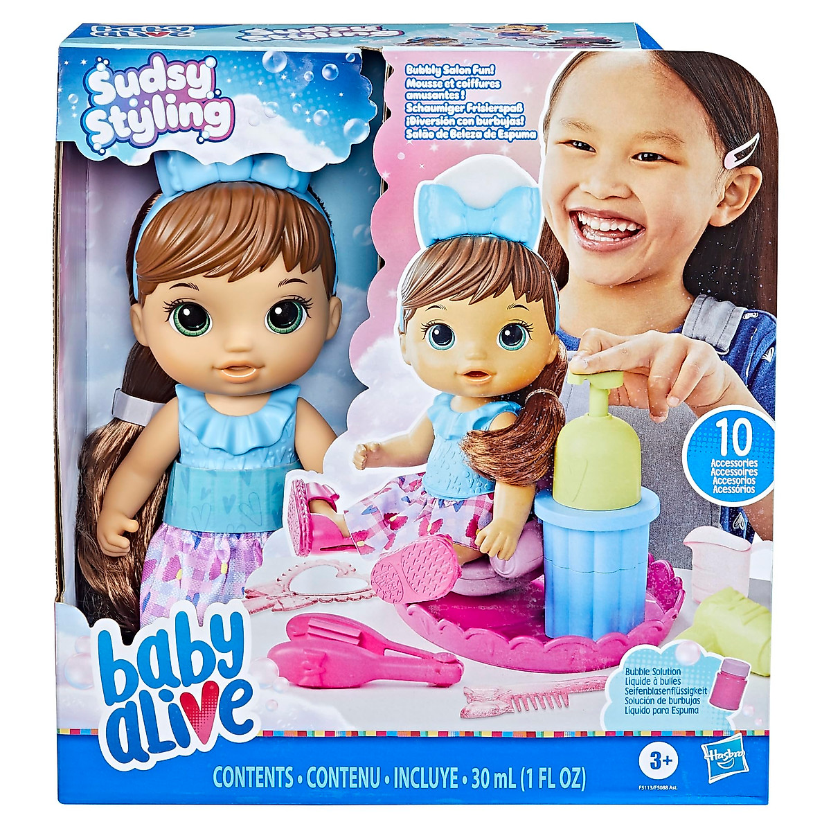 Baby Alive Sudsy Styling Doll, Brown Hair, Includes 12-Inch, Salon Chair, Toys for 3 Year Old Girls and Boys and Up