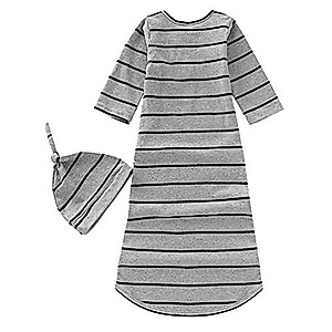 COLOOM Infant Baby Gown Newborn Knotted Sleeper Striped Sleep Gowns Swaddle & Cap (Grey Stripes, 0-6Months)